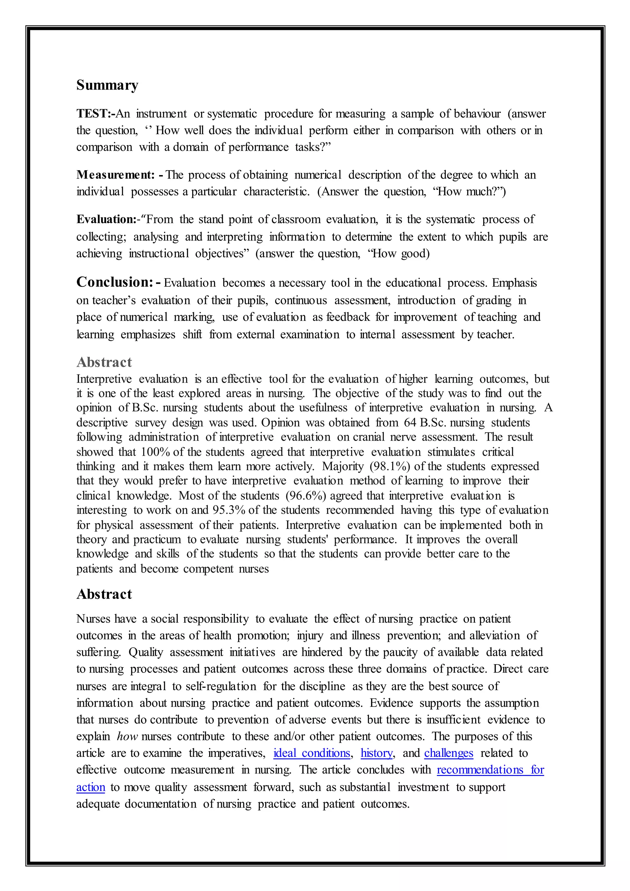 Concept and nature of measurment and evaluation (1) | DOCX