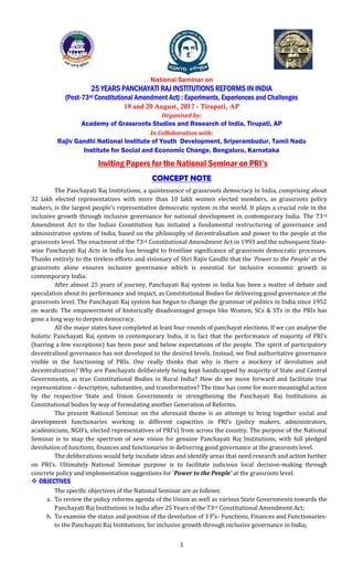 National Seminar on 25 Years Reforms of PRI's in India- Concept Note,19 ...