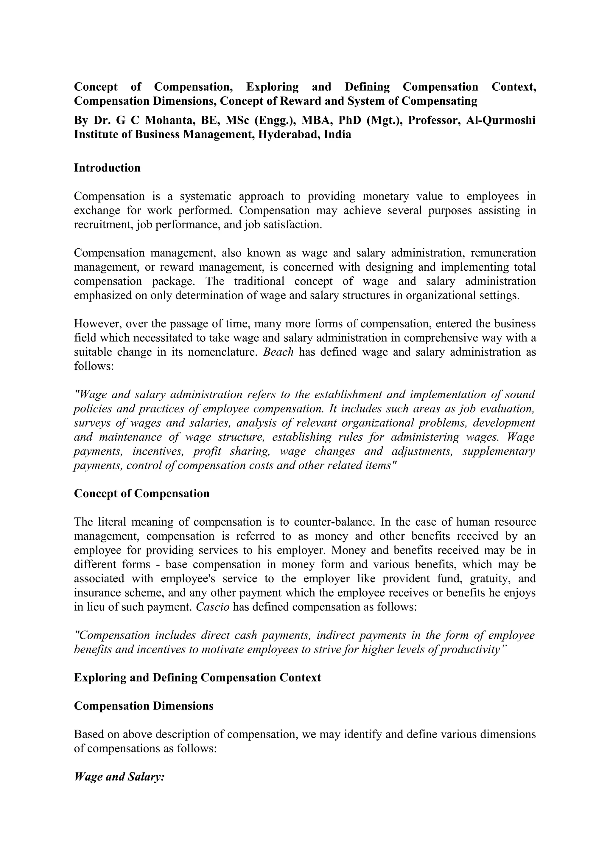 Concept of compensation and reward, compensation dimensions, system of ...