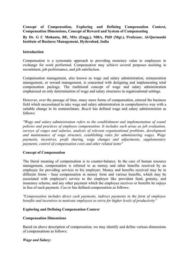 Concept of compensation and reward, compensation dimensions, system of ...