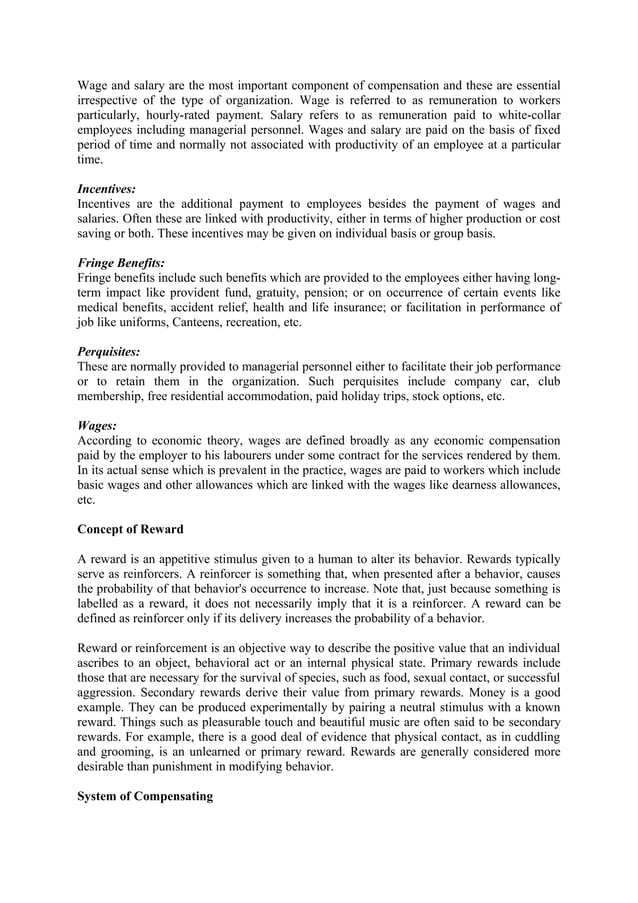 Concept of compensation and reward, compensation dimensions, system of ...