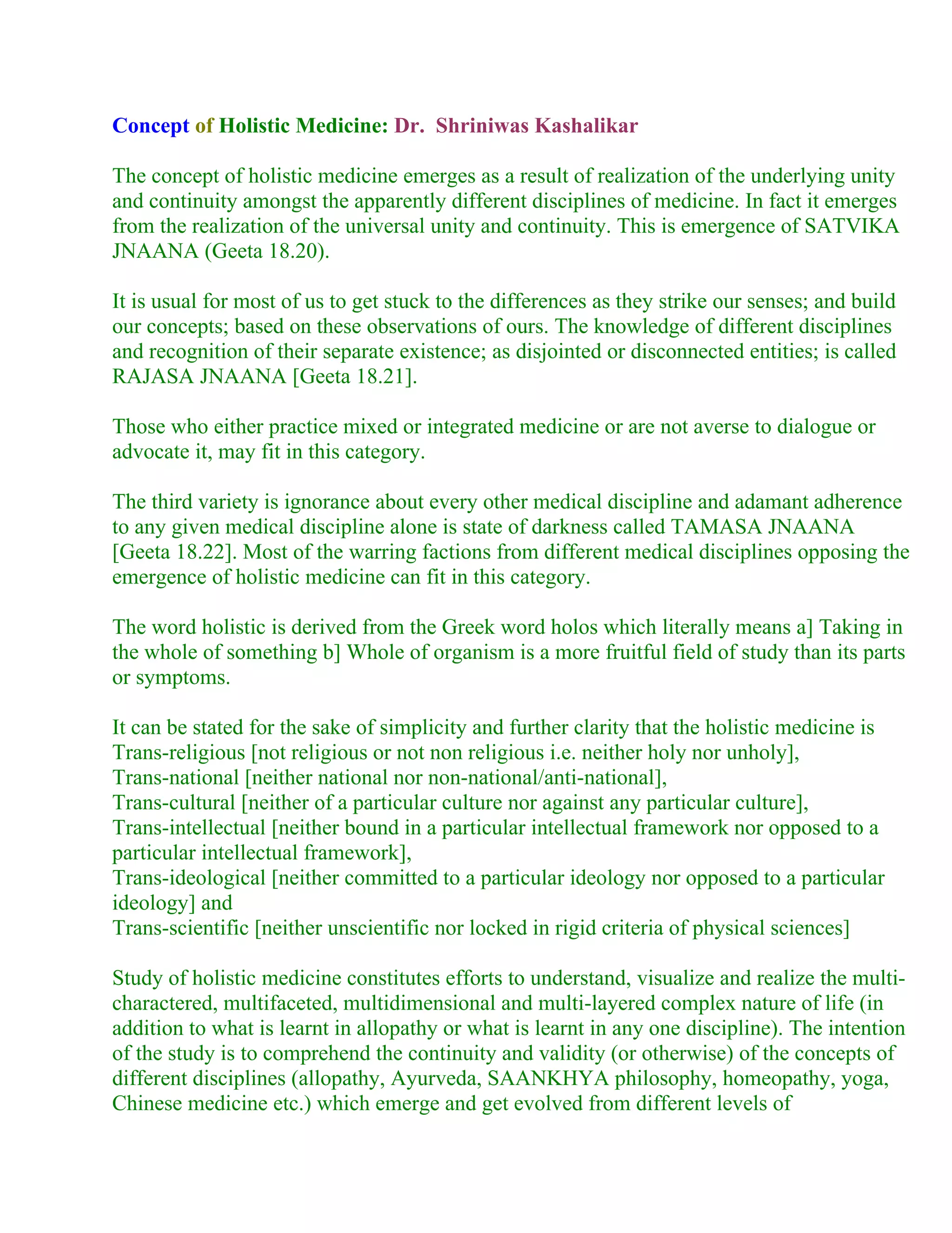 Concept Of Holistic Medicine Dr. Shriniwas Kashalikar | DOC