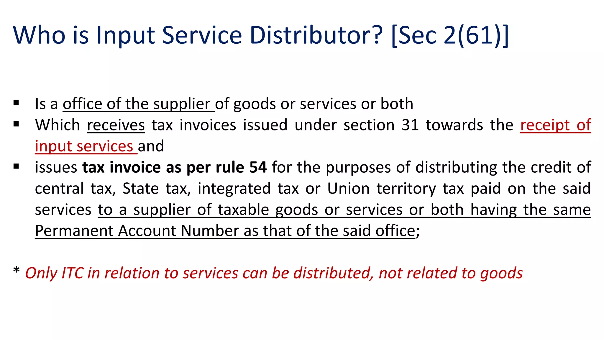 Concept of Input Service Distributor (ISD) in GST-PPT | PPT