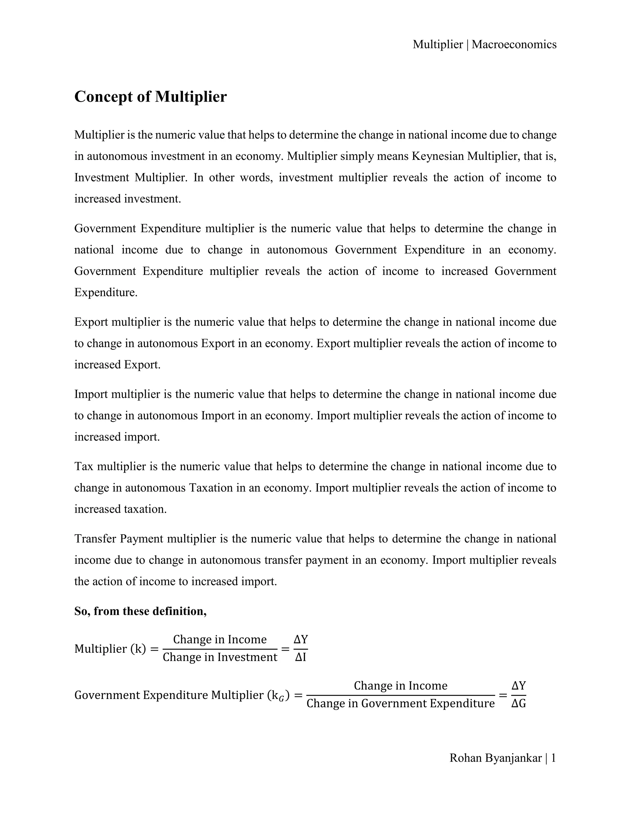 Multiplier: Concept, Types, and Derivation of each type of Multiplier | PDF