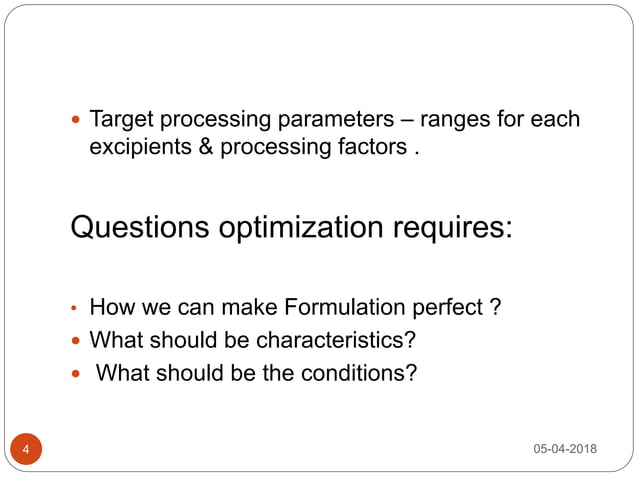 Concept of optimization, optimization parameters and factorial design | PPTX