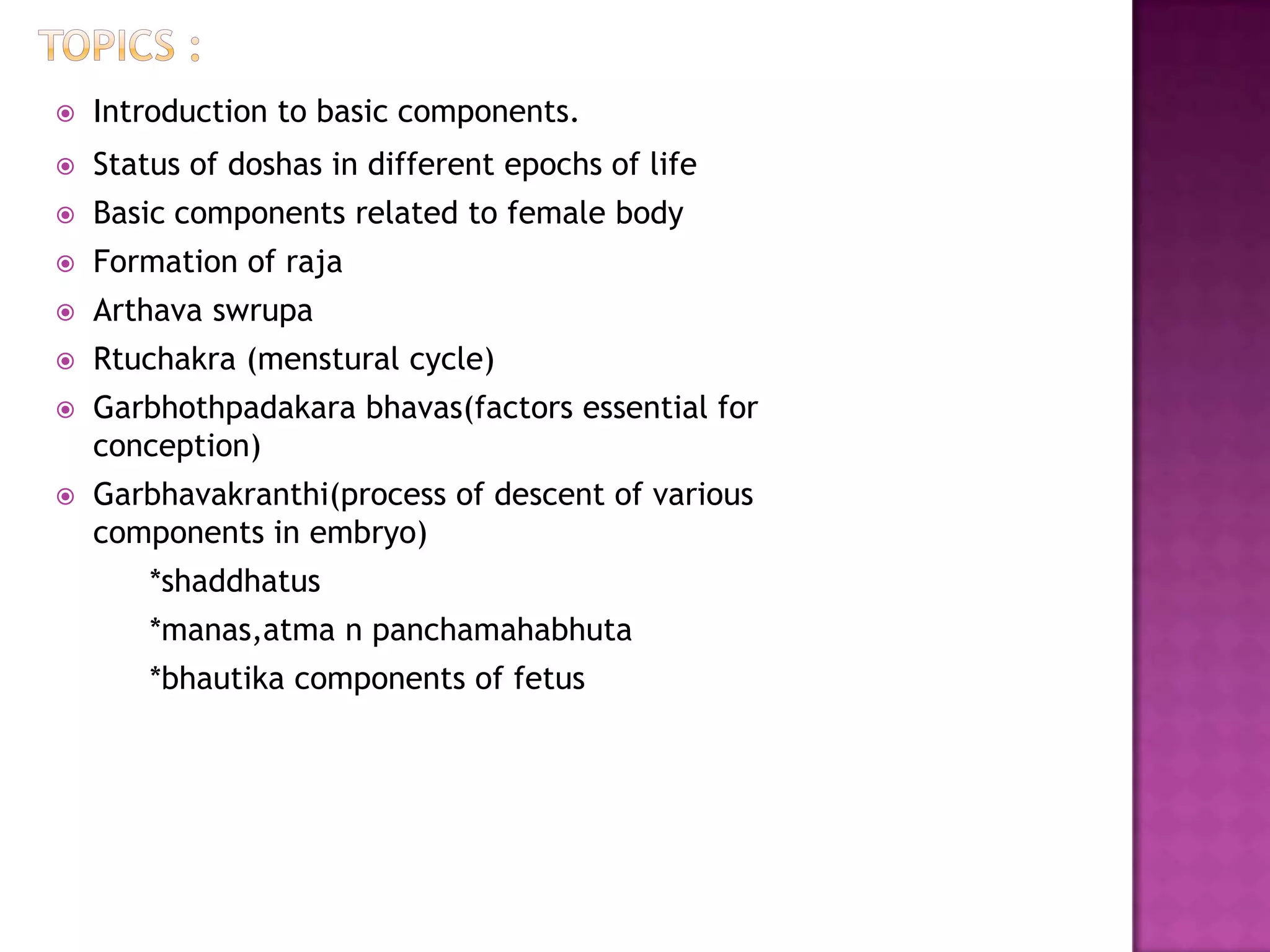 Concept of tridosha, dhatu,upadhatu,agni,panchamahabhuta in relation to ...