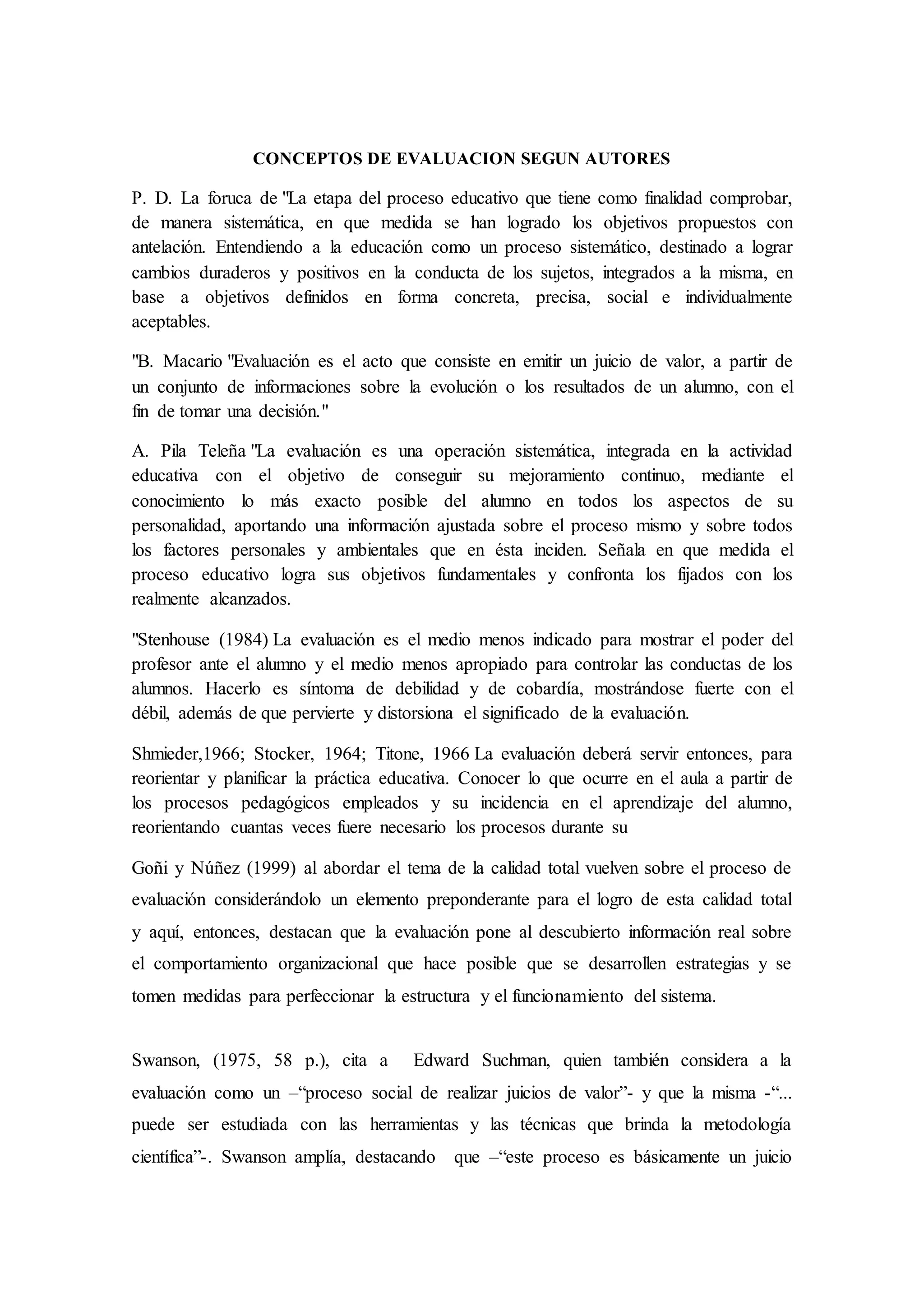 Conceptos de evaluacion segun autores | DOCX