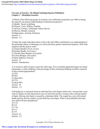 Concepts of Genetics 10th Edition Klug Test Bank | PDF