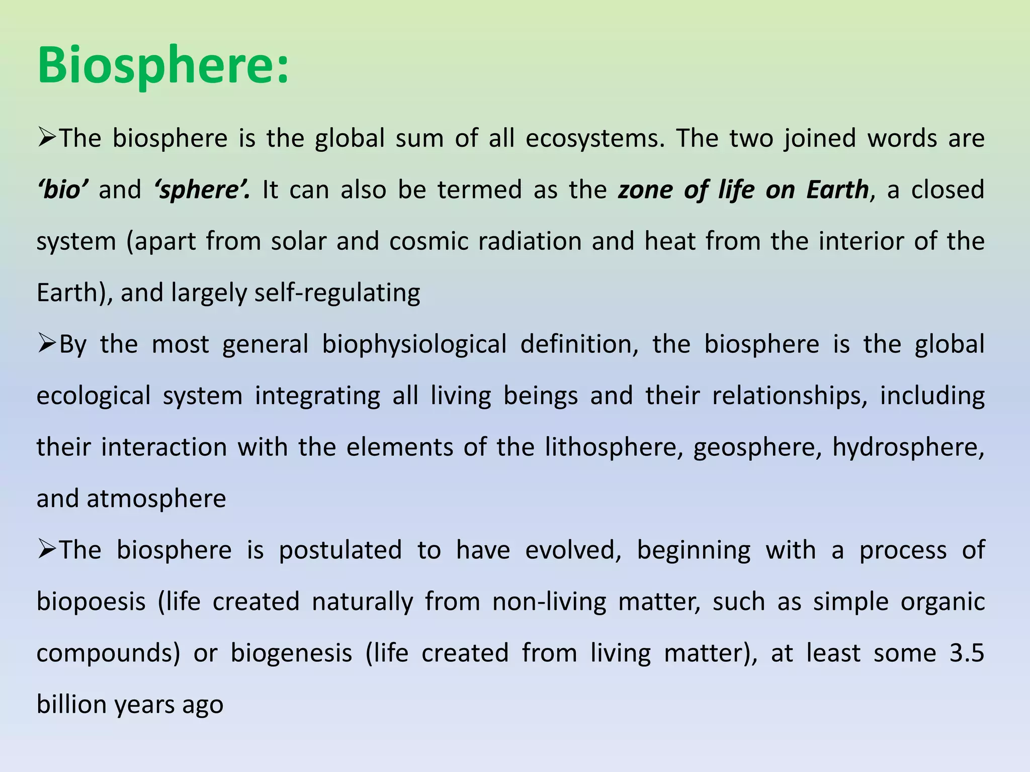 Concepts of biosphere, ecosystem, biome, ecotone, community and ecology ...