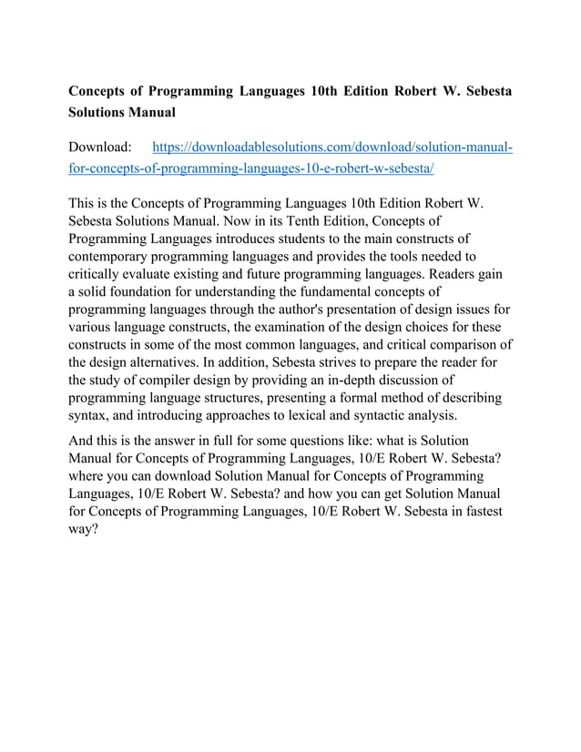 Concepts of Programming Languages 10th Edition Robert W. Sebesta ...