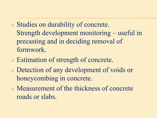 Ultra sonic pulse velocity tests (Concrete technology) | PPTX