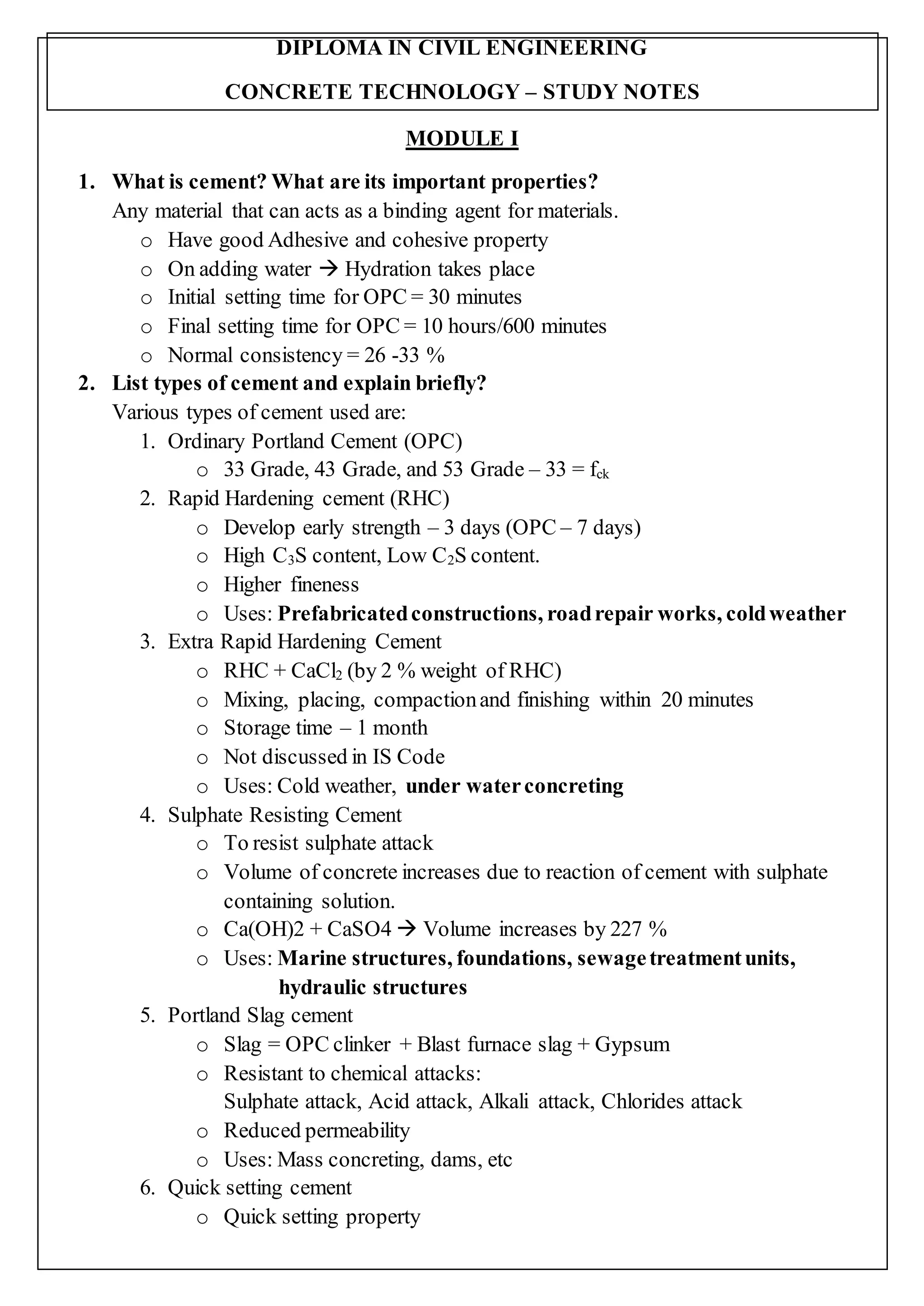 Concrete Technology Study Notes | DOCX