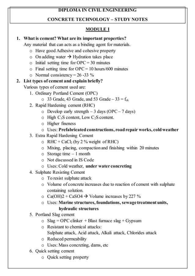 Concrete Technology Study Notes | DOCX