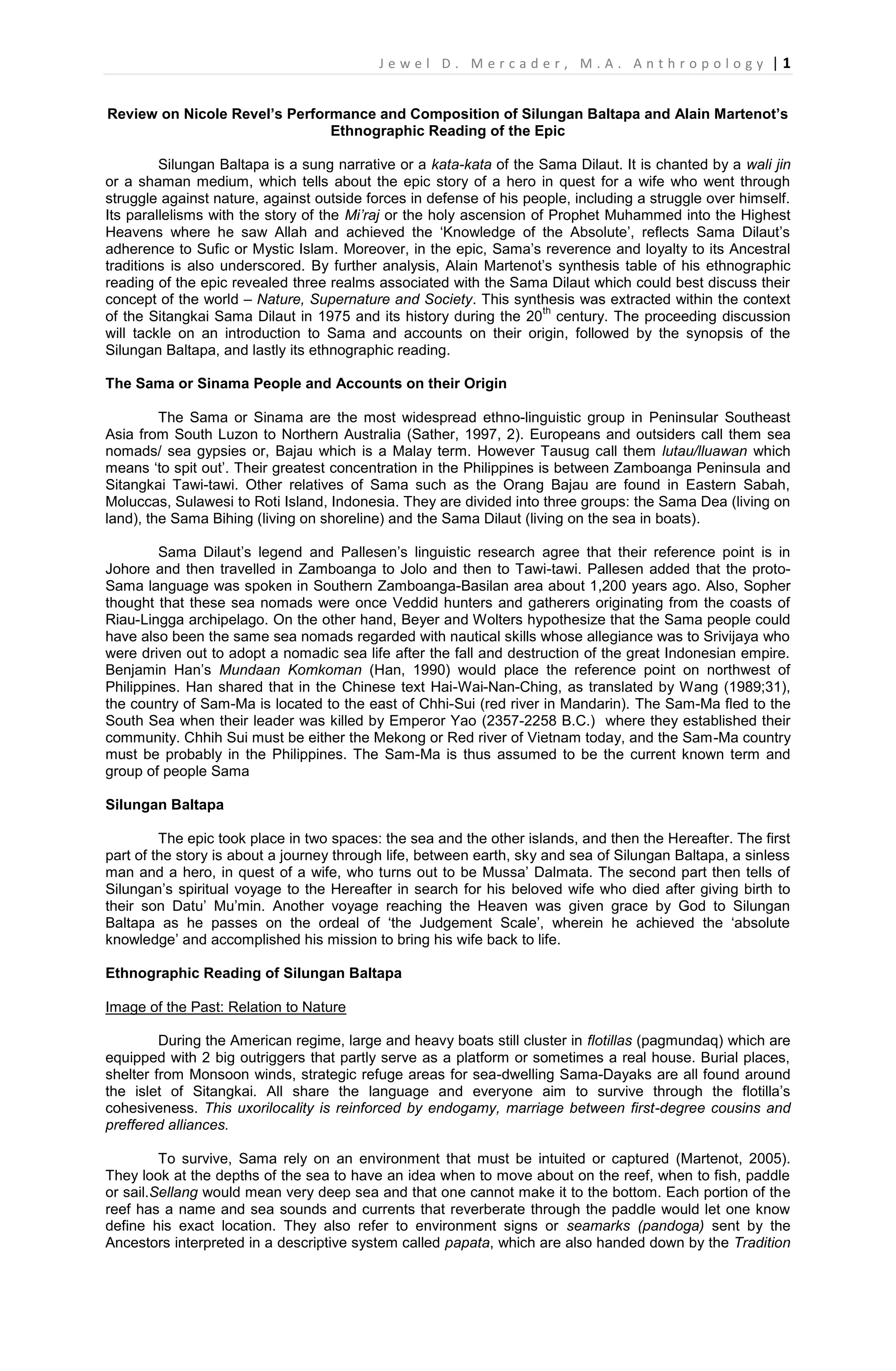 Ethnographic Review on Sama Dilaut's Epic Silungan Baltapa | DOCX