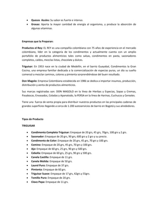 Condimentos en colombia | PDF