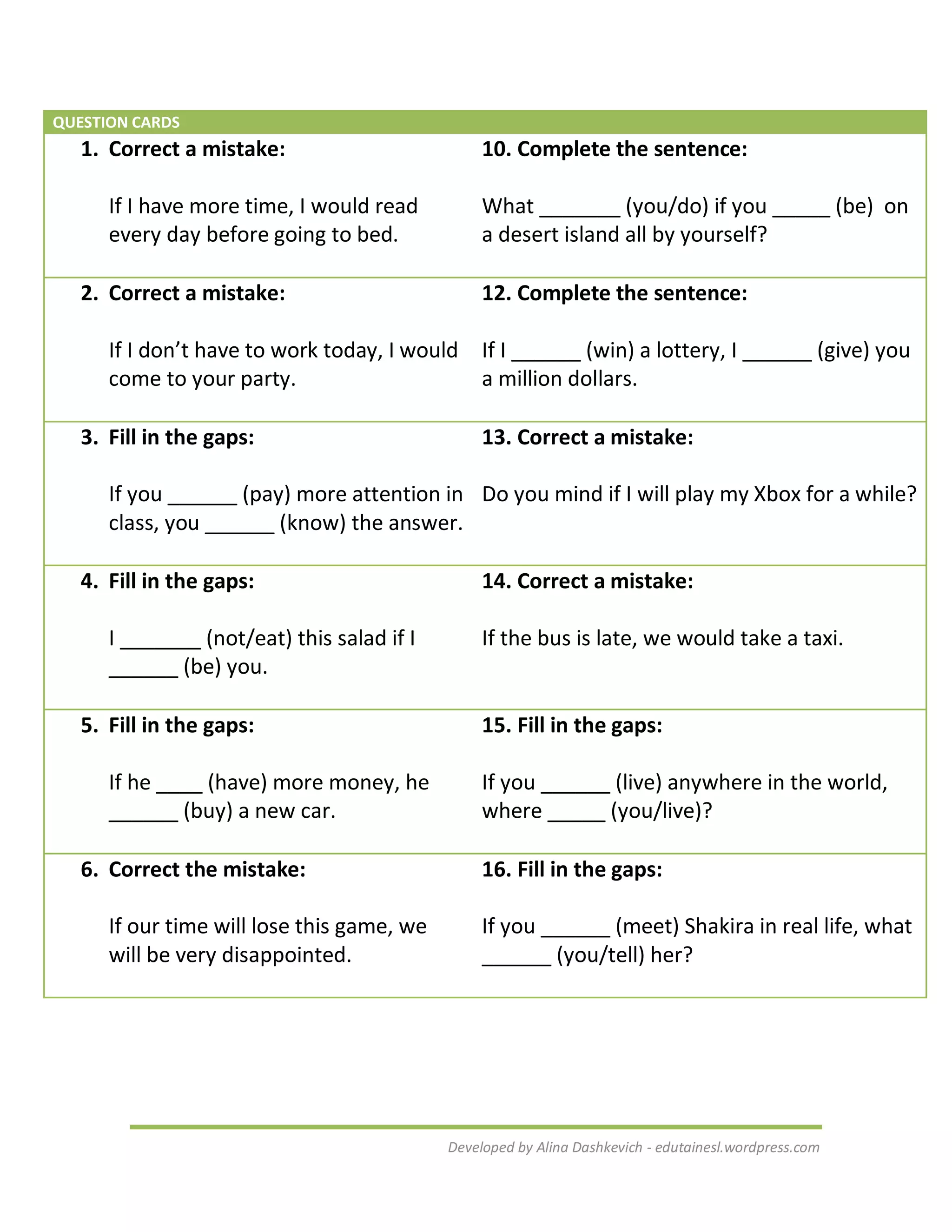EFL Game - Conditional sentences, type 0, 1 and 3 - Grammar game | PDF