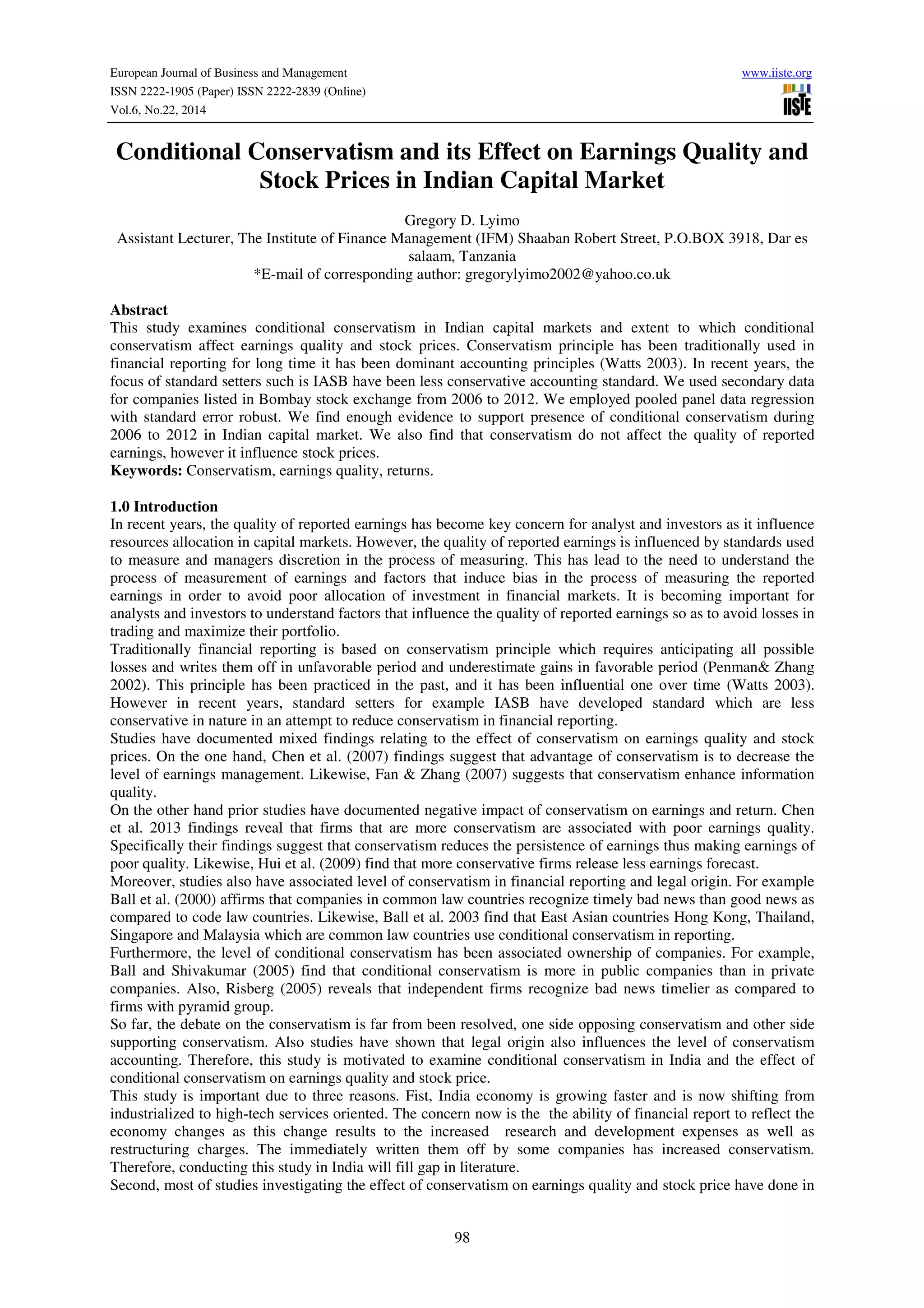 Conditional conservatism and its effect on earnings quality and stock ...