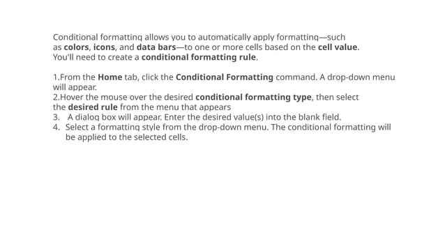 ConditionalFormattingusingMicrosoftExcel | PPTX | Computing | Technology & Computing
