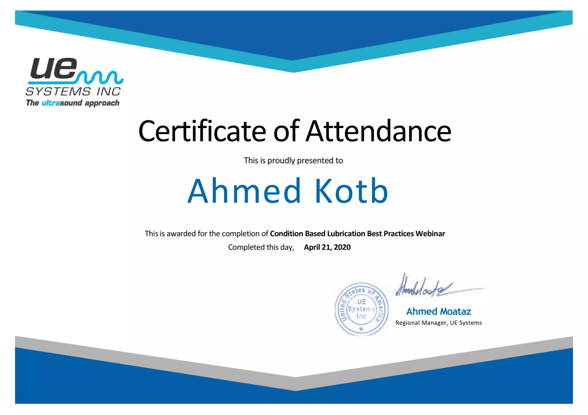 Certificate of Attendance "Condition based lubrication best practices" Online Course - Ahmed ...
