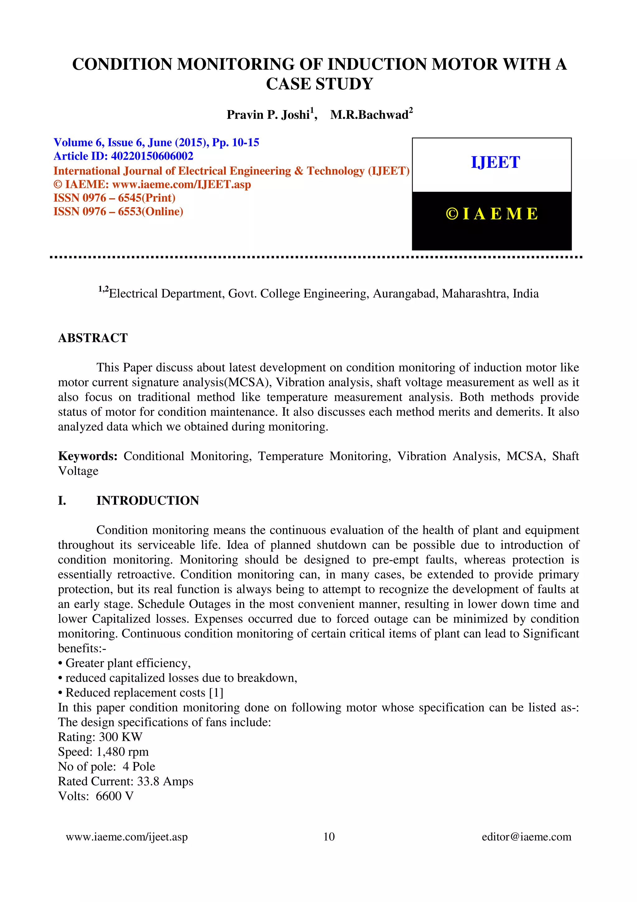 Condition monitoring of induction motor with a case study | PDF
