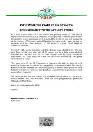 Condolence for late mrs. hannah idowu dideolu | PDF