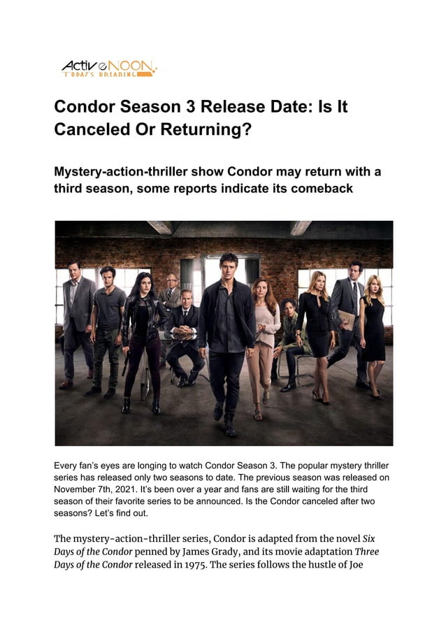 Condor Season 3 Release Date: Is It Canceled Or Returning? | PDF ...