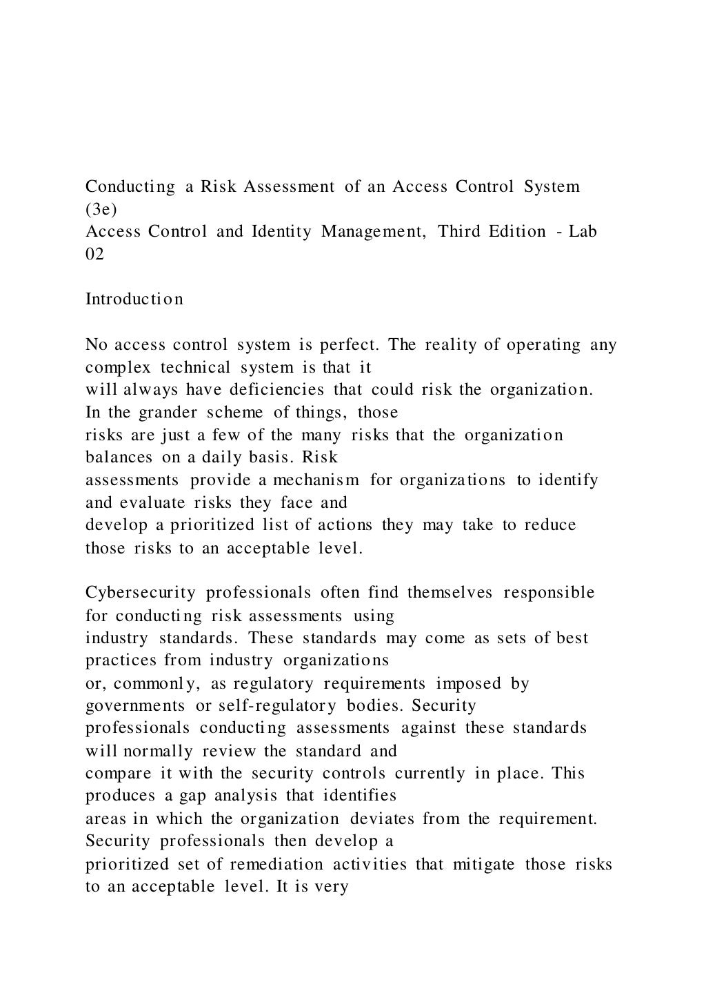 Conducting a Risk Assessment of an Access Control System (3e) | DOCX