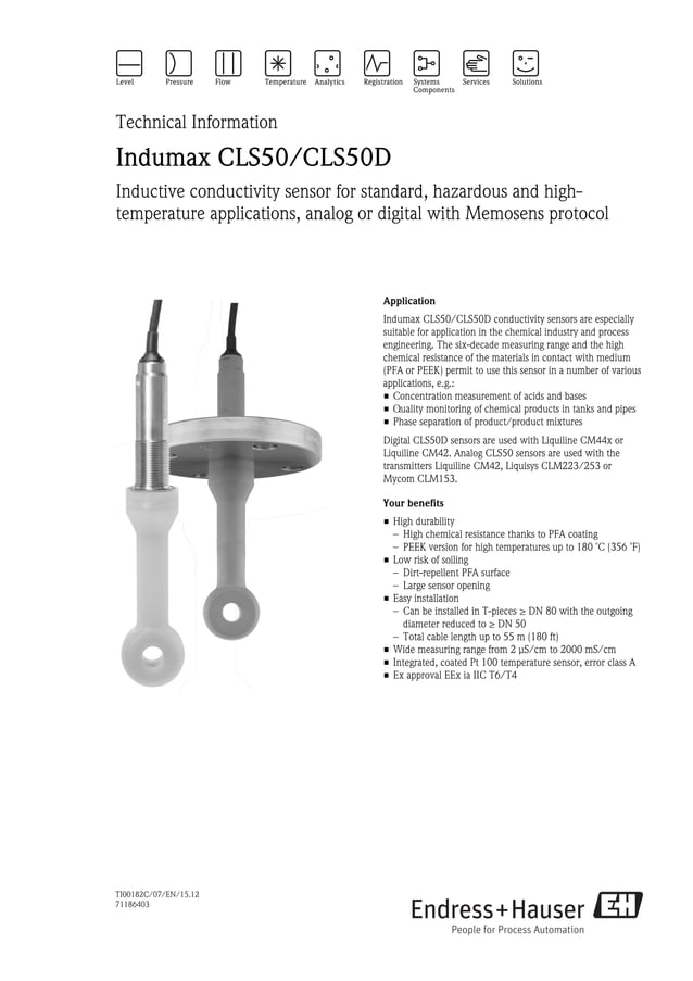 Conductivity sensor High-Temperature Applications CLS50 | PDF