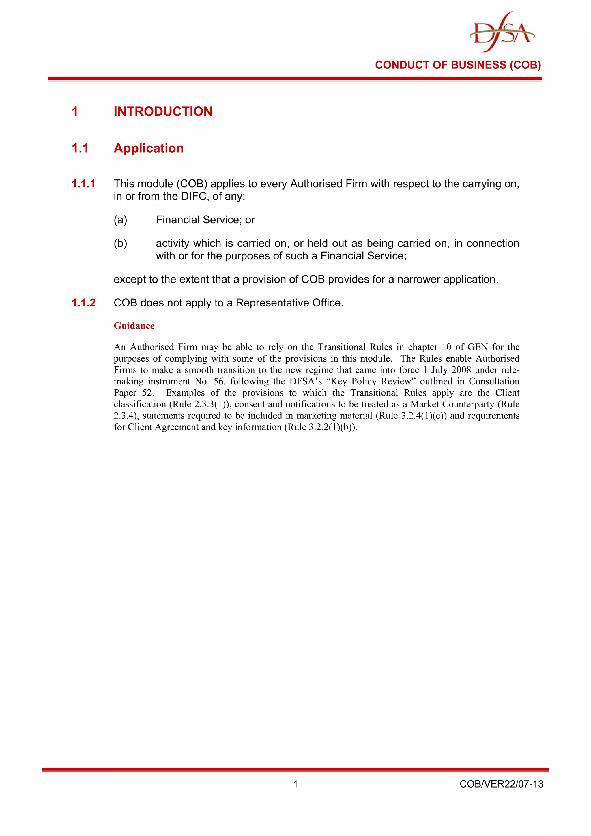 Dubai Financial Services Authority - Conduct of Business Module (COB) | PDF