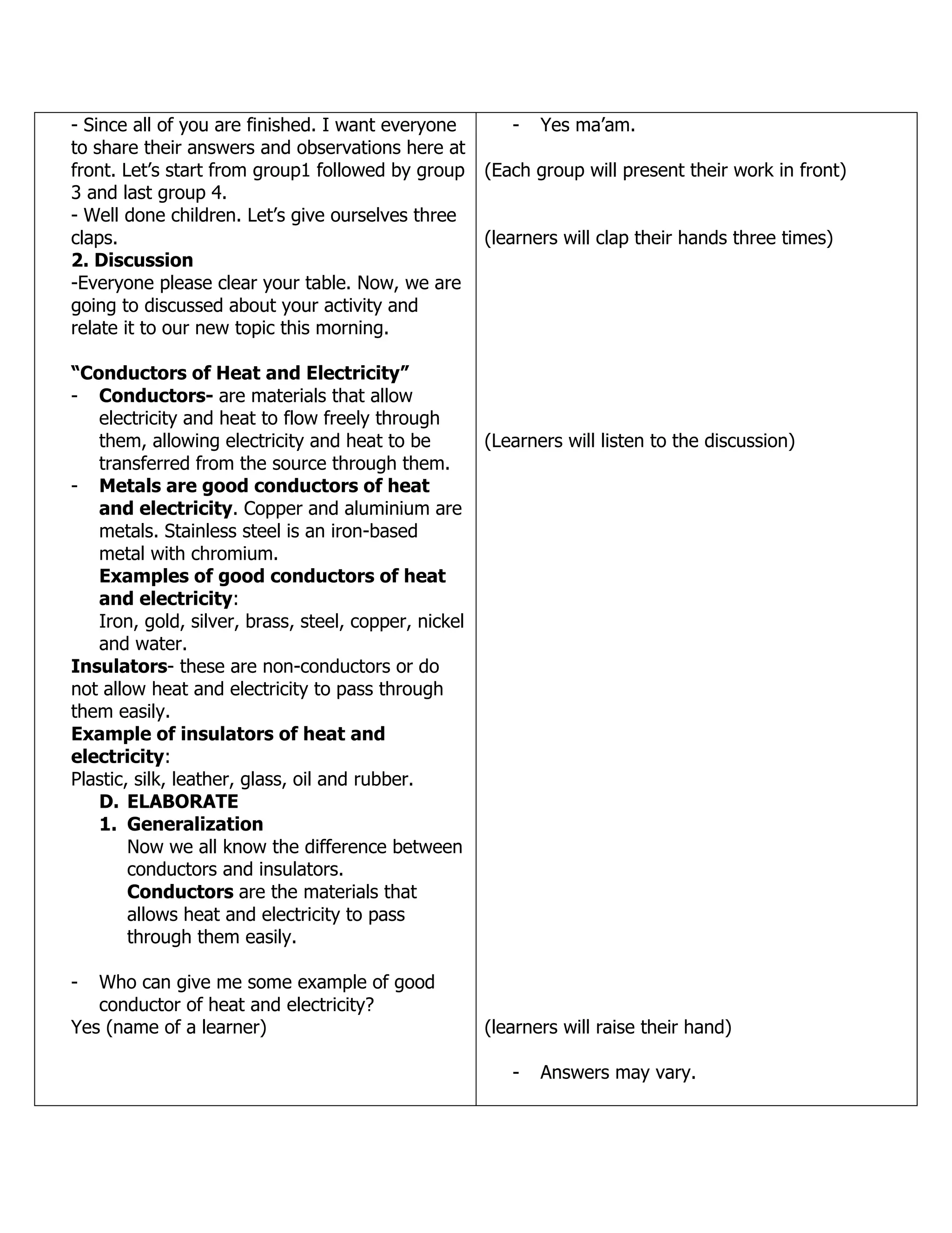 observation lesson plan Science 5 Conductors and insulators | DOCX