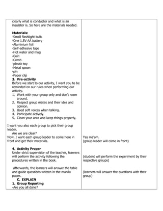 observation lesson plan Science 5 Conductors and insulators | DOCX