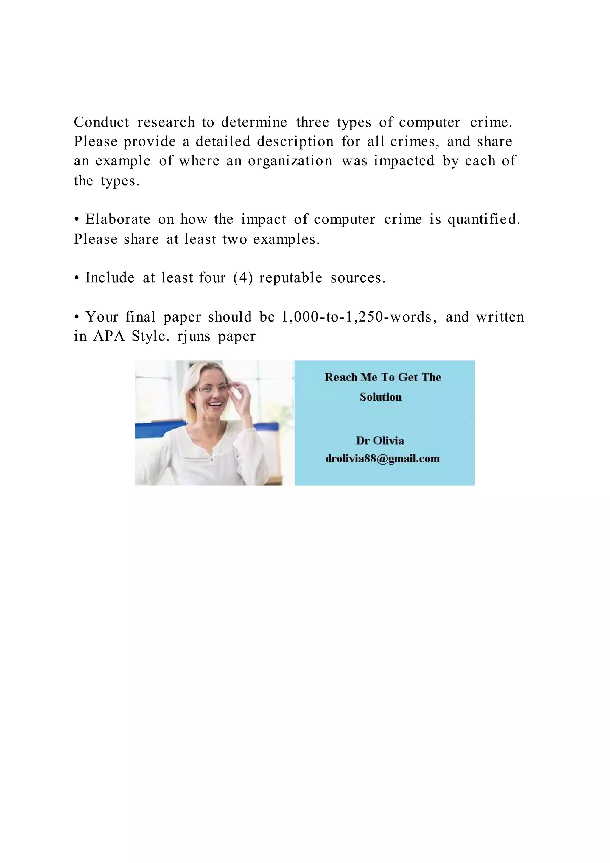 Conduct research to determine three types of computer crime. Pleas | PDF