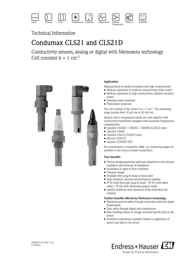 Condumax w CLS 21 D-endress+hauser datasheet-conductivity sensors | PDF ...