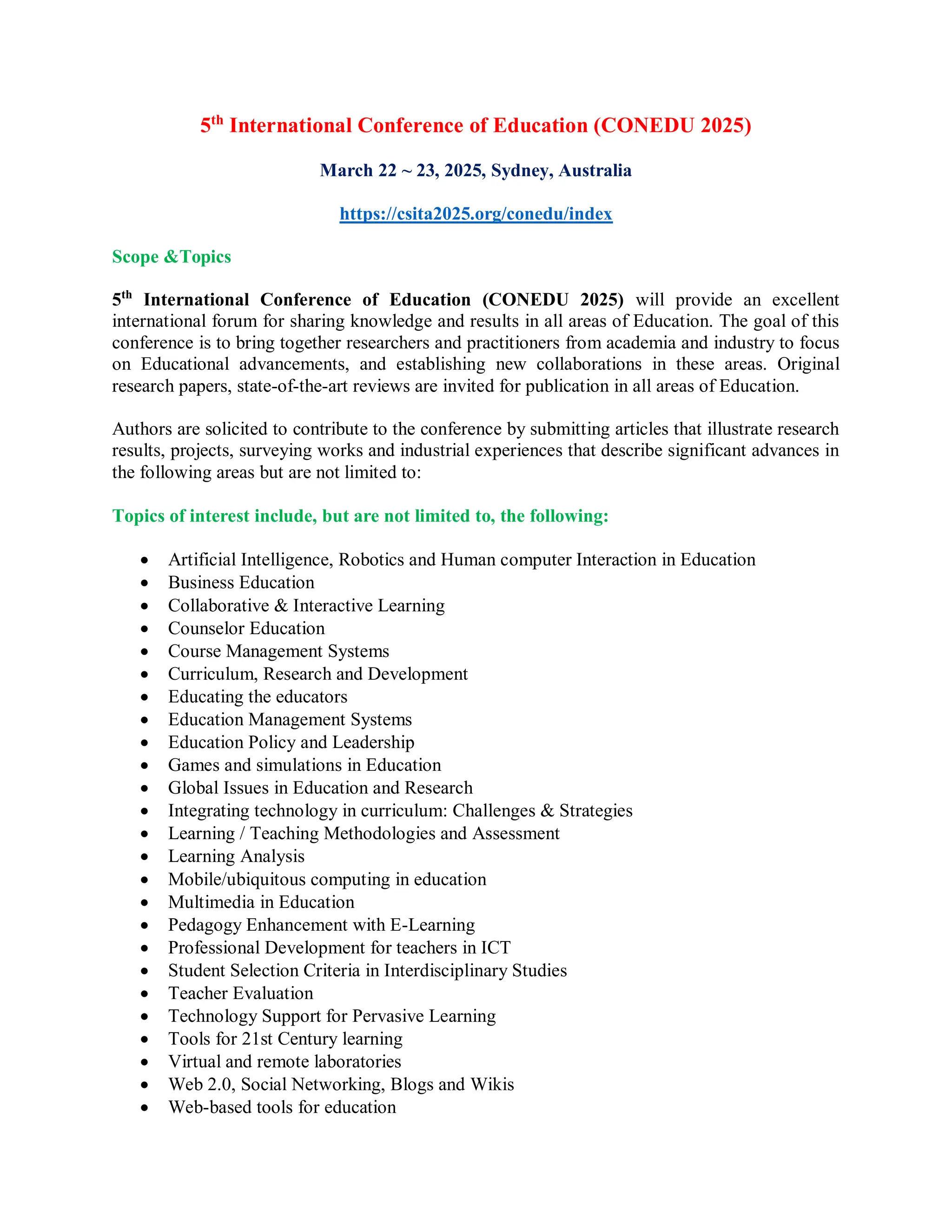 5th International Conference of Education (CONEDU 2025) | PDF