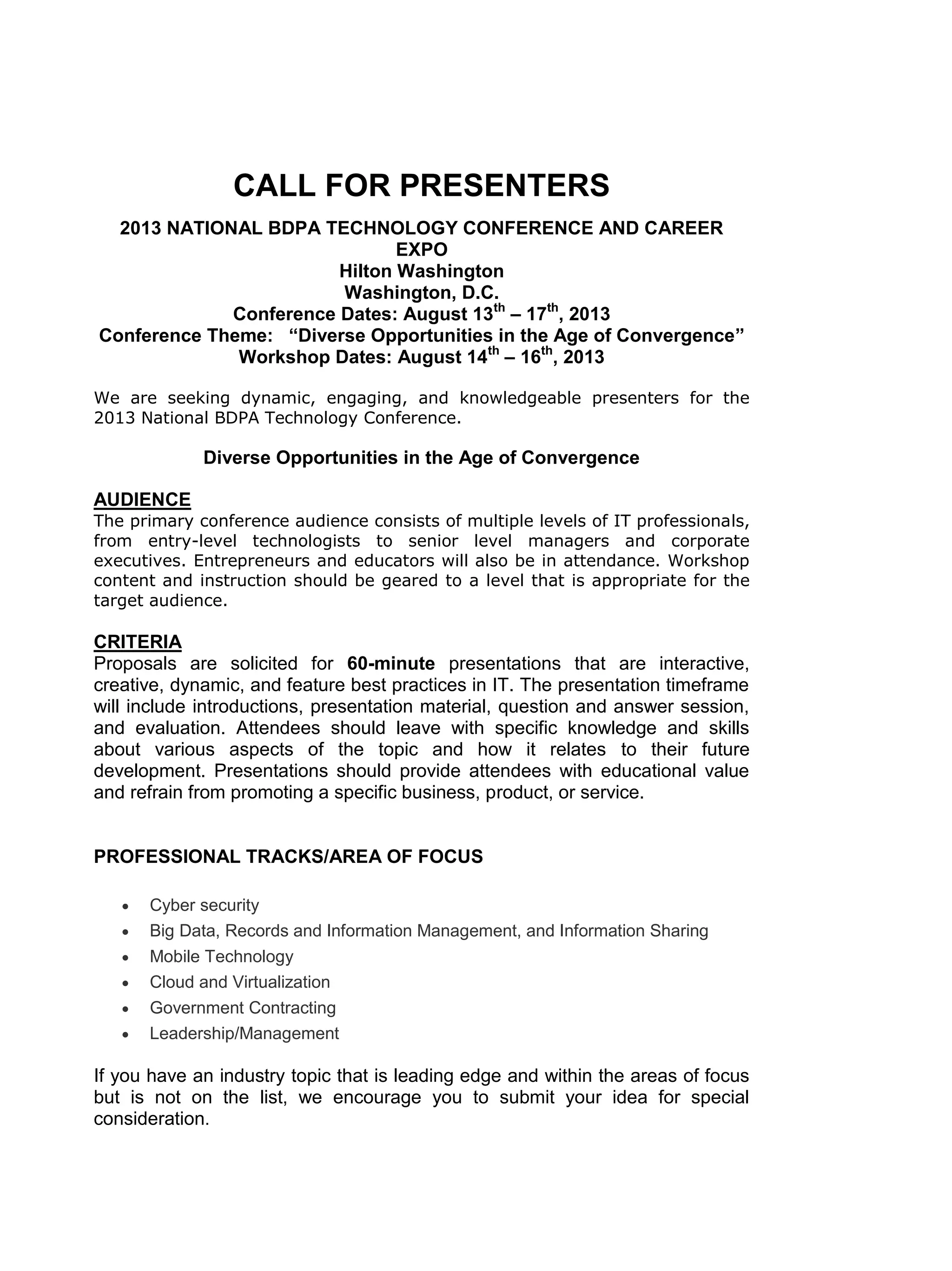 2013 BDPA Conference Call for Presenters | PDF