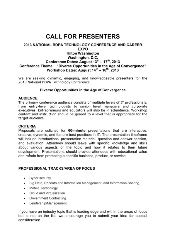 2013 BDPA Conference Call for Presenters | PDF