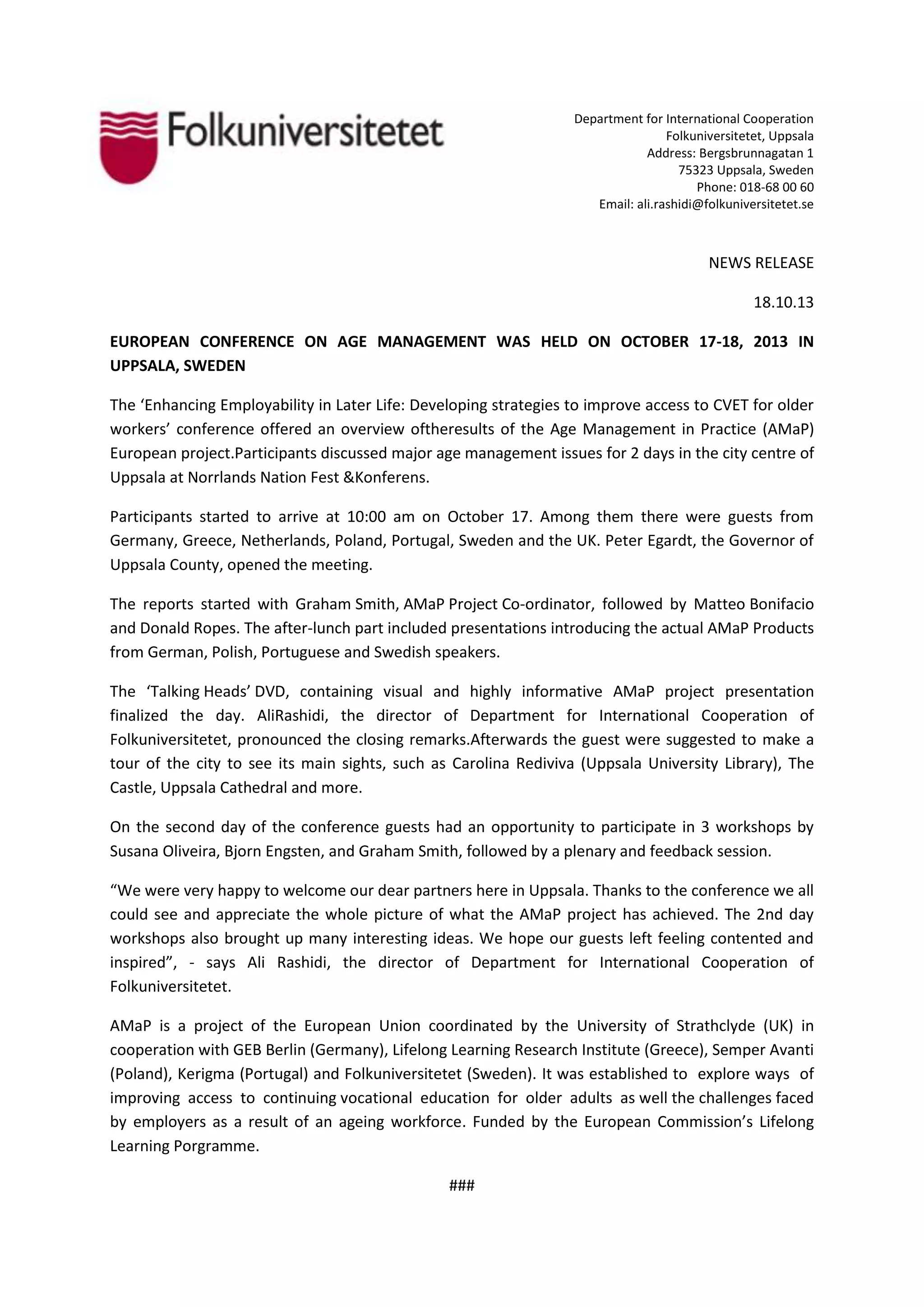 Uppsala age management (AMaP) conference press release | DOCX