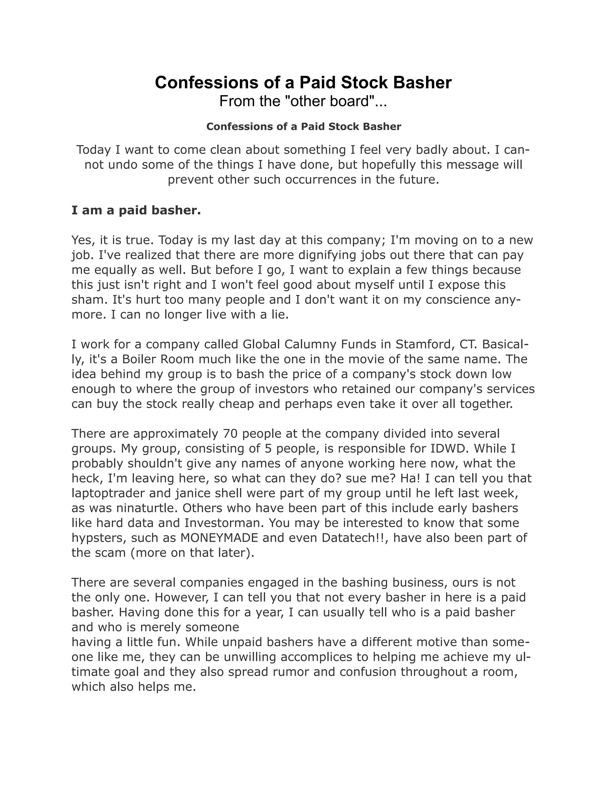 Confessions of a paid stock basher 1 | PDF