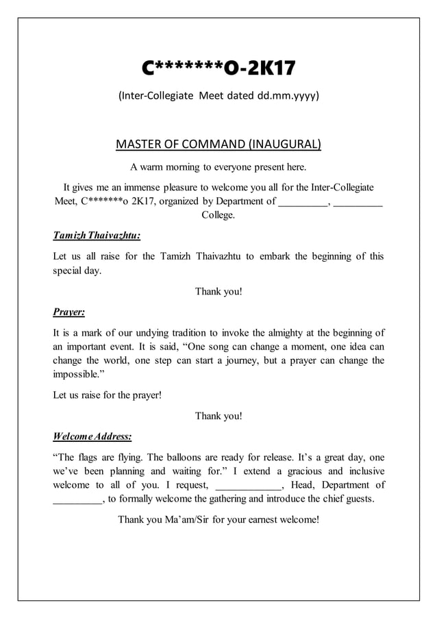 Compering script for Inter-Collegiate Meet | DOCX