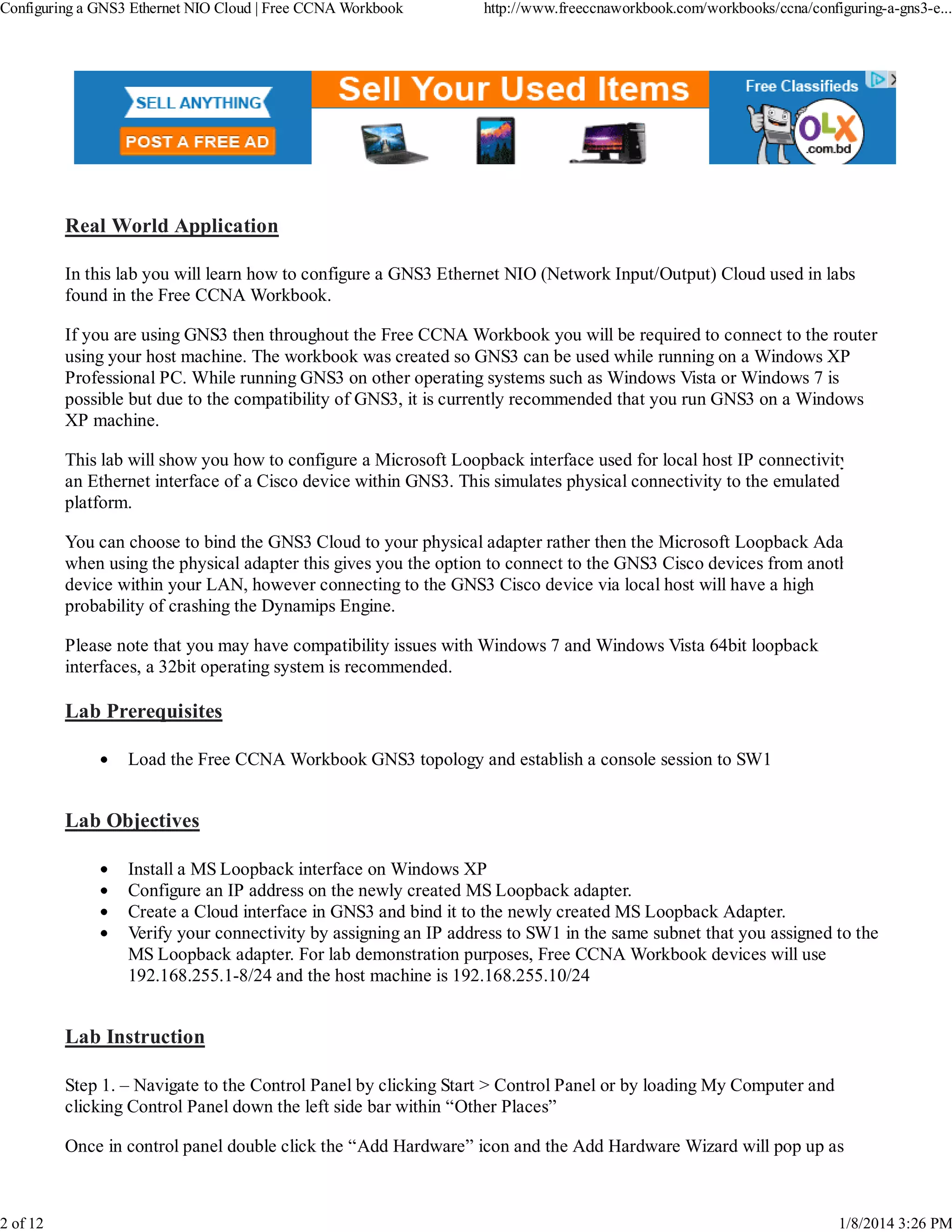 Configuring a gns3 ethernet nio cloud free ccna workbook | PDF | Cloud Computing | Internet