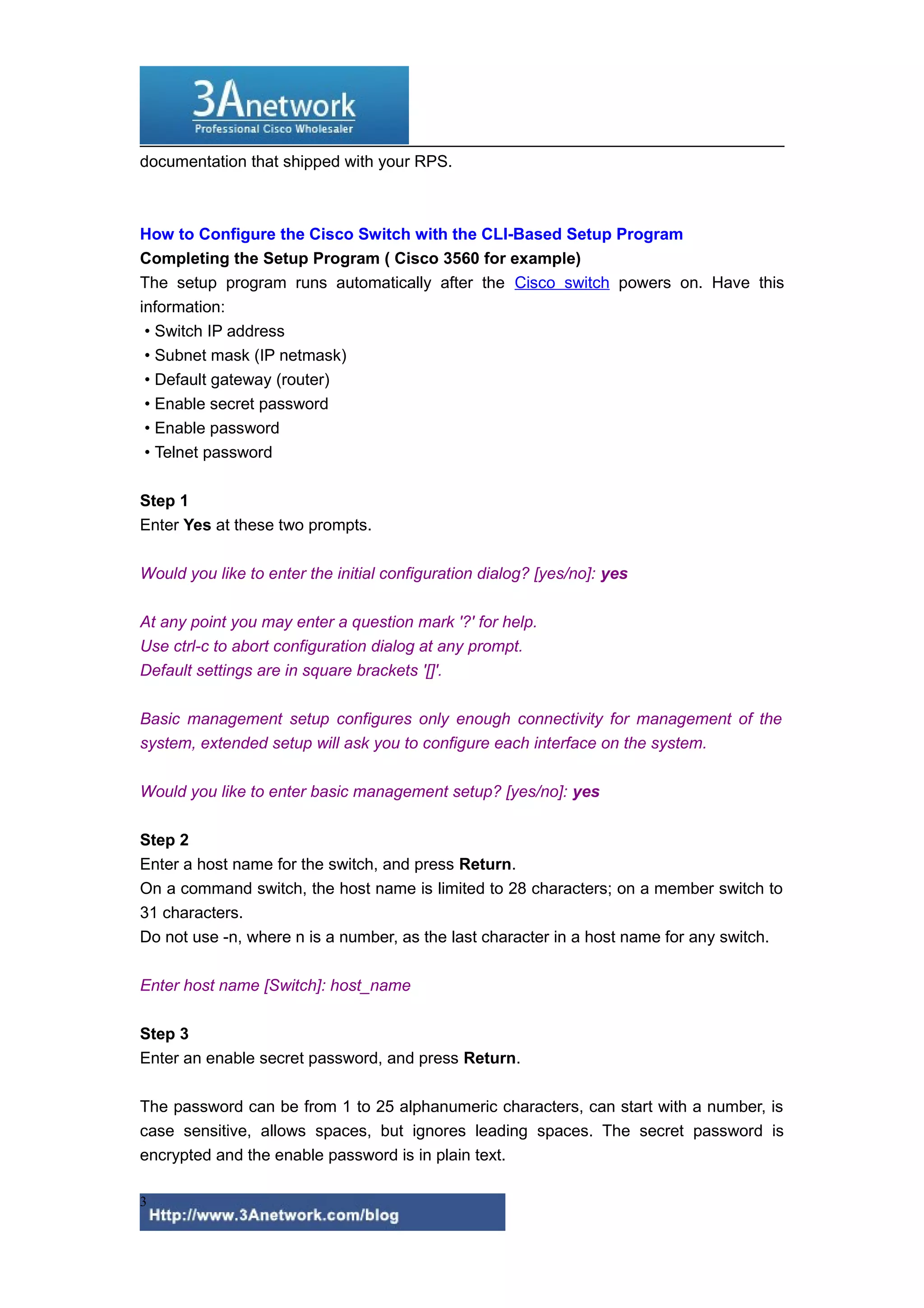 Configuring the cisco switch with the cli based setup program | PDF