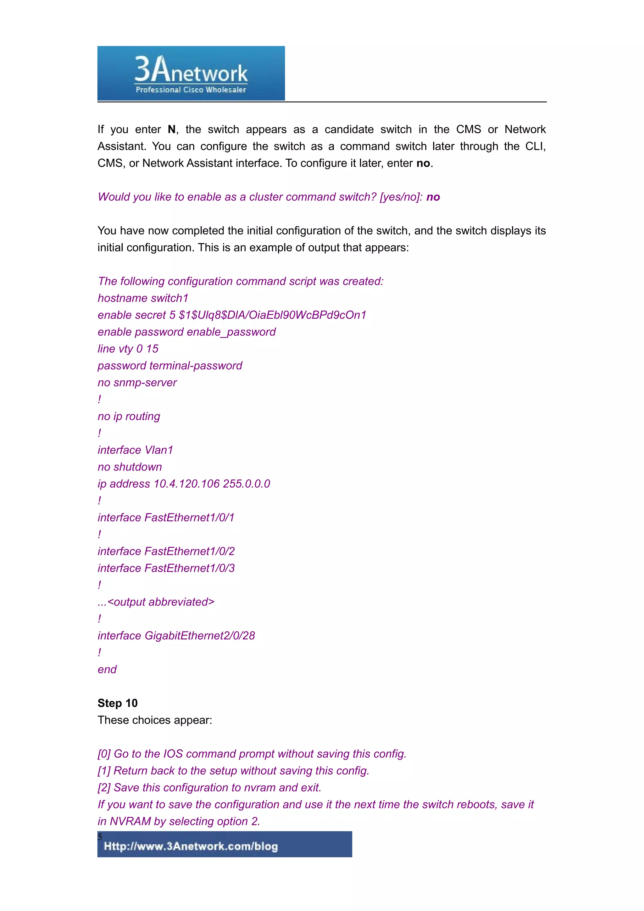 Configuring the cisco switch with the cli based setup program | PDF