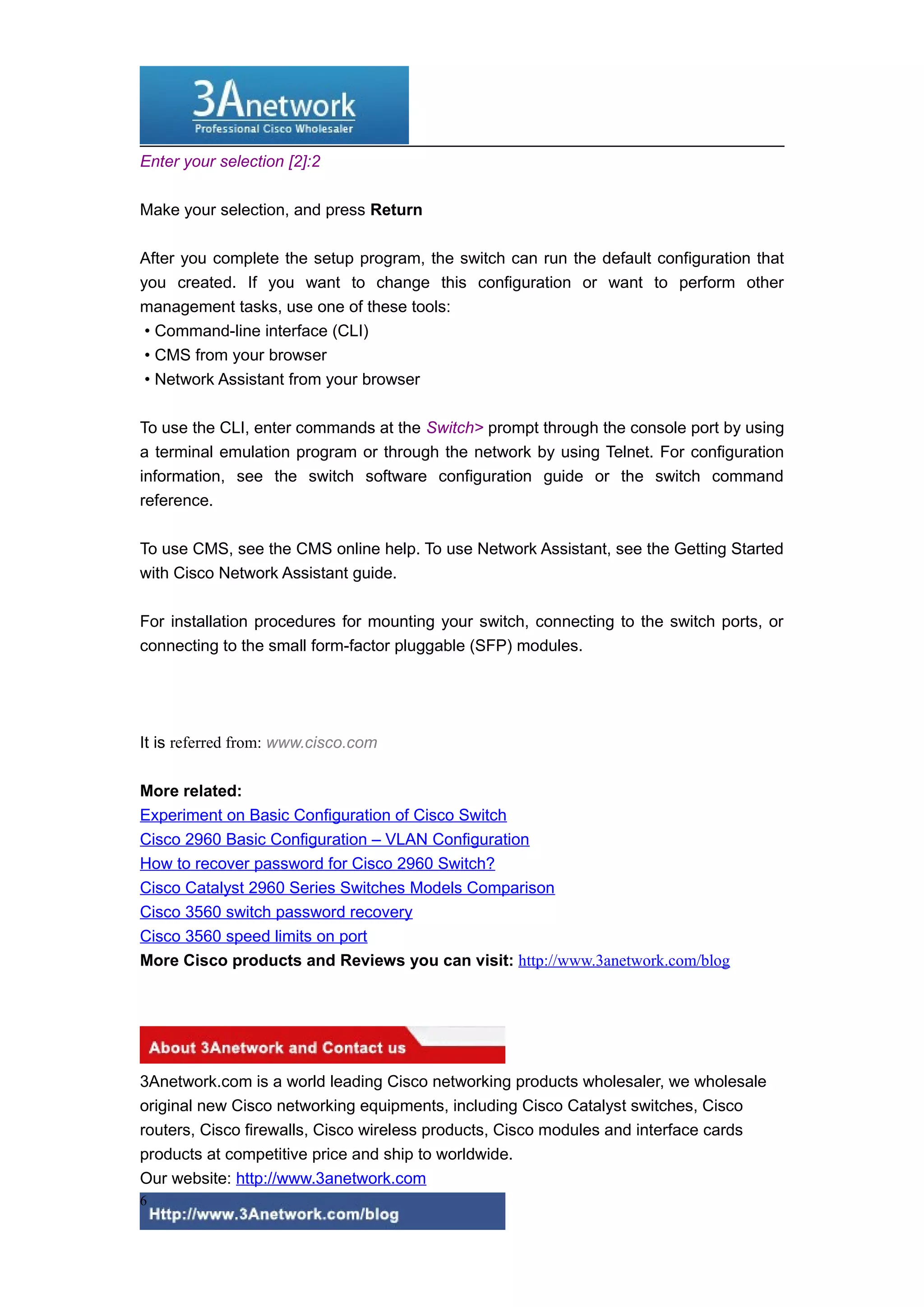 Configuring the cisco switch with the cli based setup program | PDF