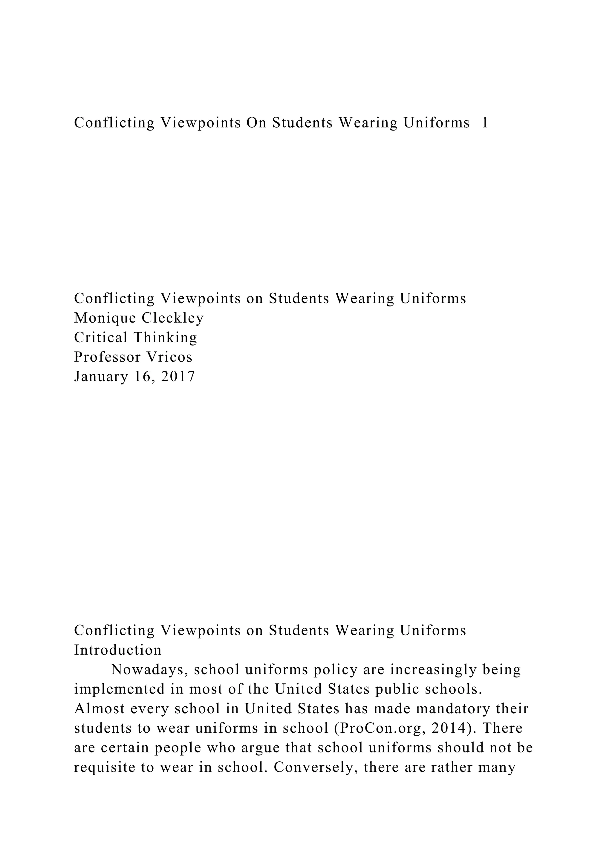 Conflicting Viewpoints On Students Wearing Uniforms 1.docx