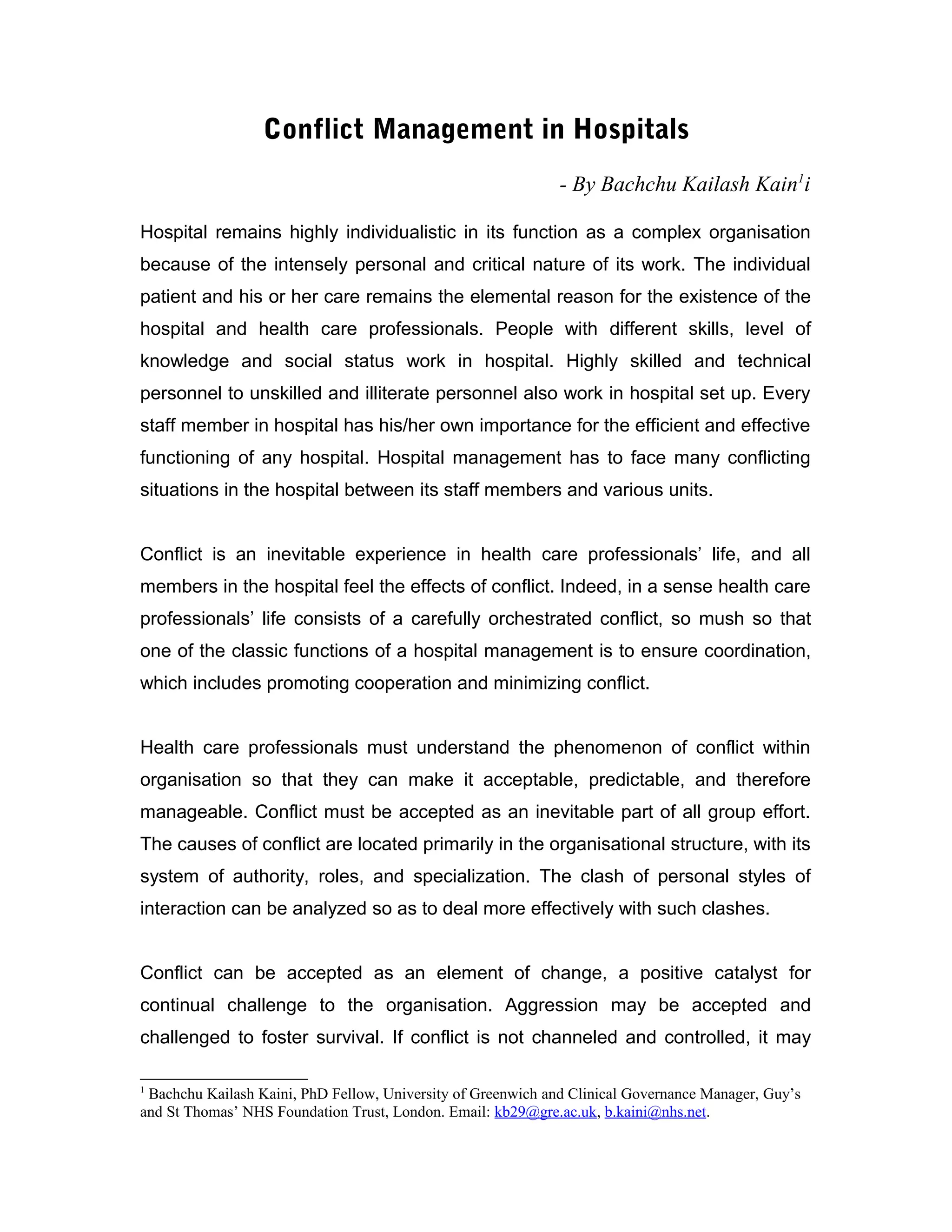 Conflict Management in Hospitals | DOC