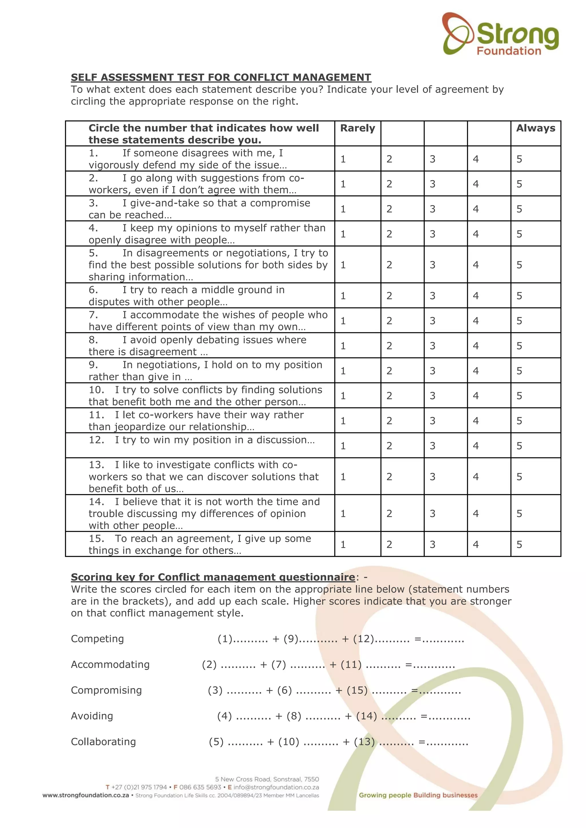 Self Assessment Test for Conflict Management | PDF
