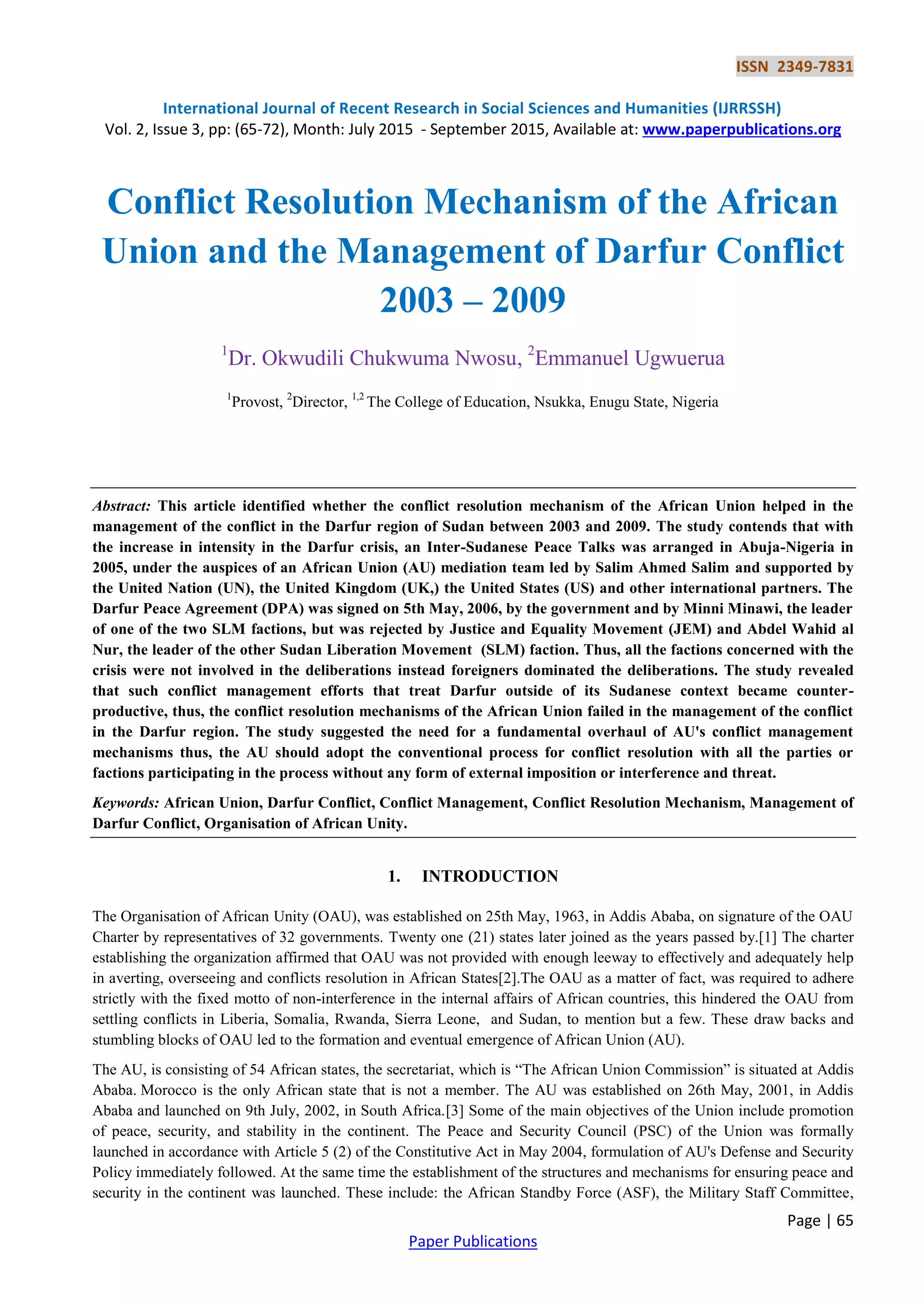 Conflict Resolution Mechanism of the African Union and the Management ...