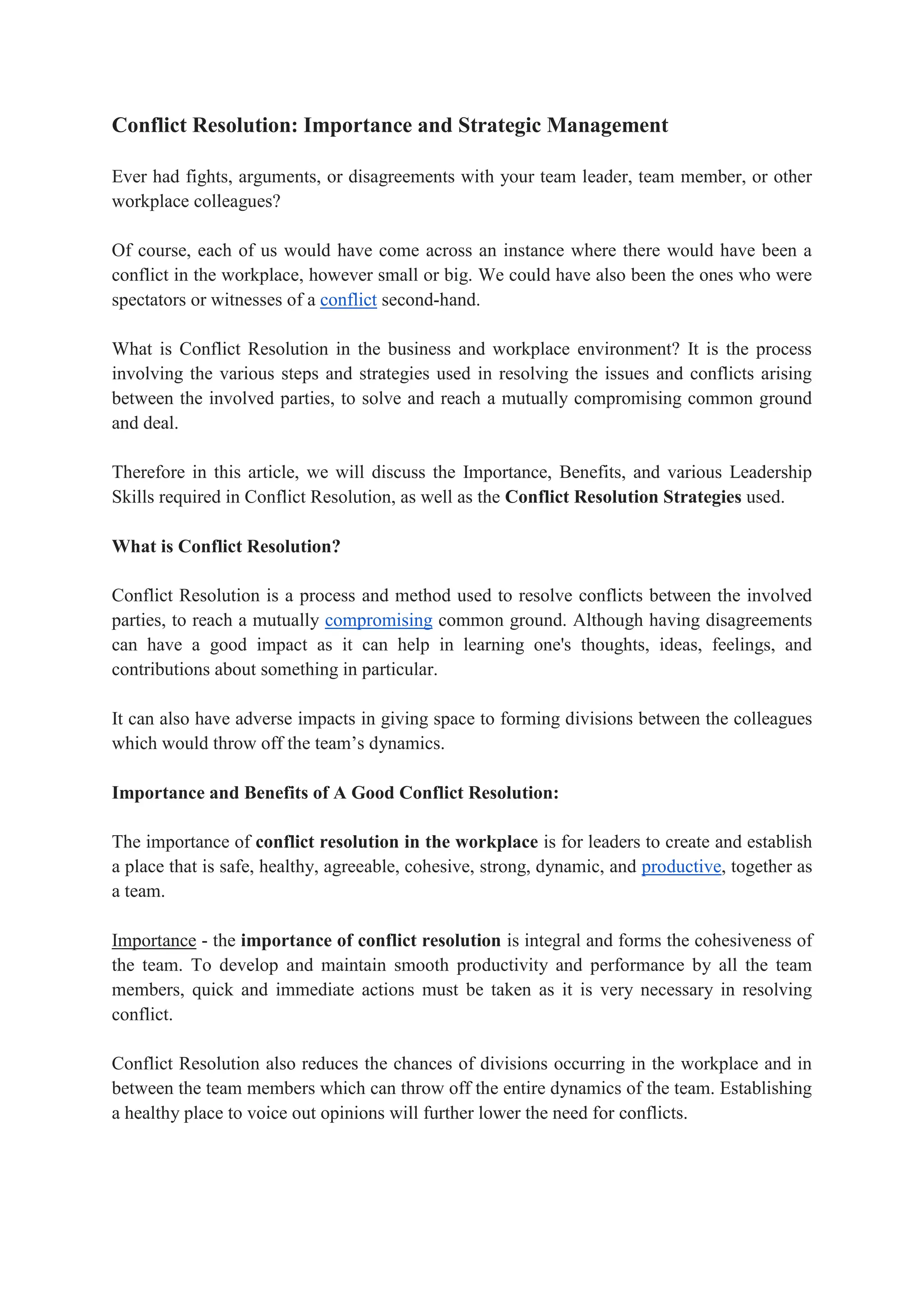 Conflict Resolution Importance and Strategic Management | PDF