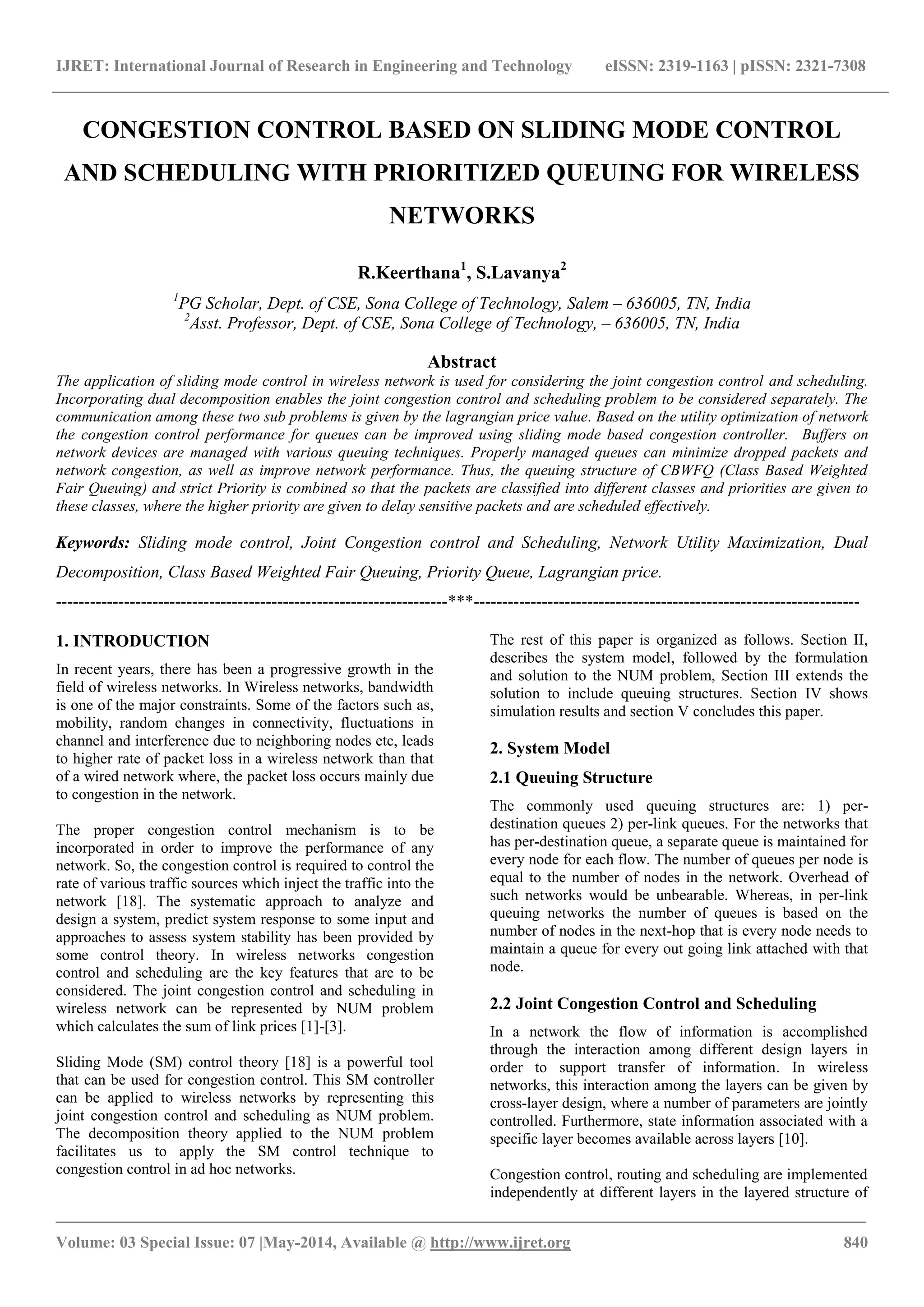 Congestion control based on sliding mode control and scheduling with prioritized queuing for ...
