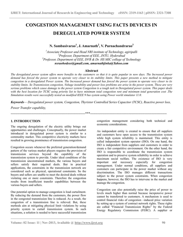 Congestion Management Using Facts Devices In Deregulated Power System Pdf